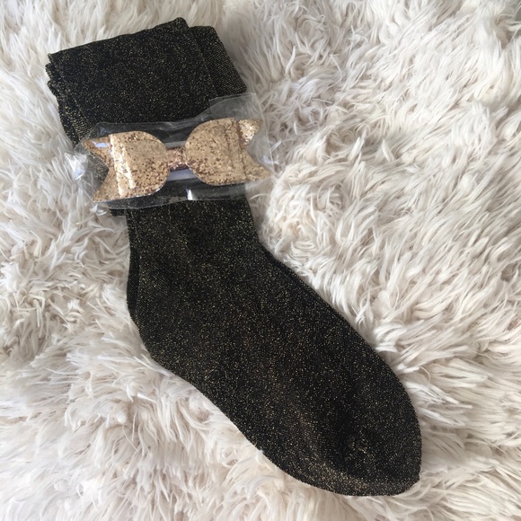Accessories | 2 Gold Shimmer Glitter Sparkle Bow Black Tights | Poshmark